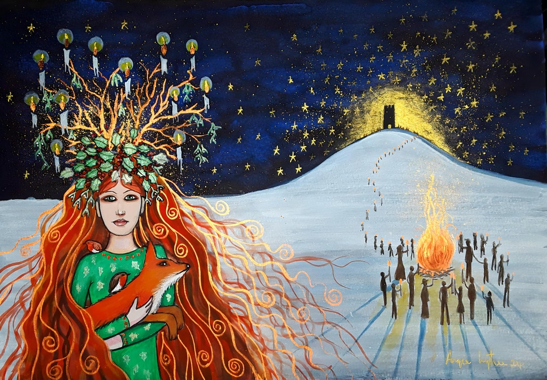 Yule Goddess, Avalon, Glastonbury Tor, A4 Print, Yule Fire, Goddess Art ...