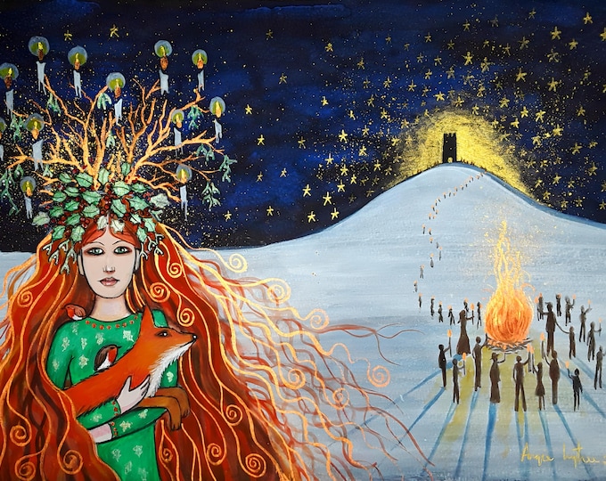 Yule Goddess, Avalon, Glastonbury Tor, A4 Print, Yule Fire, Goddess Art ...