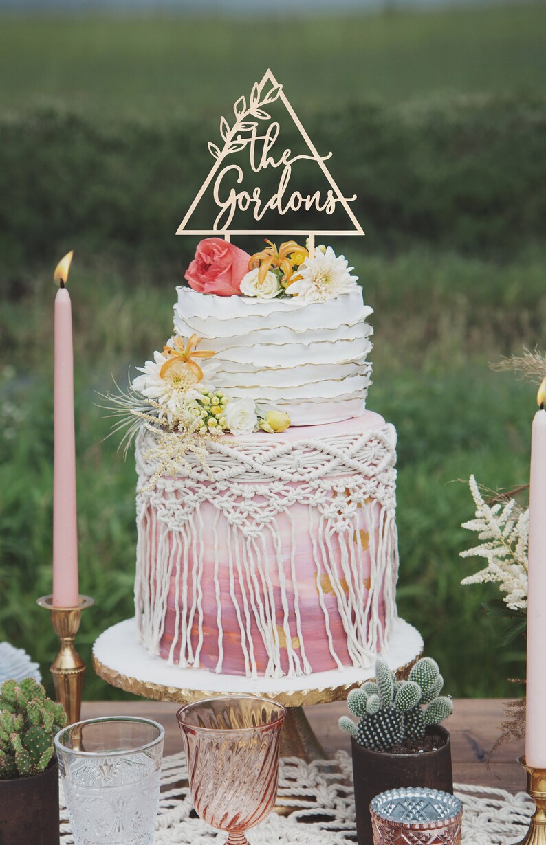 Rustic wedding cake topper Triangle cake topper Custom name | Etsy
