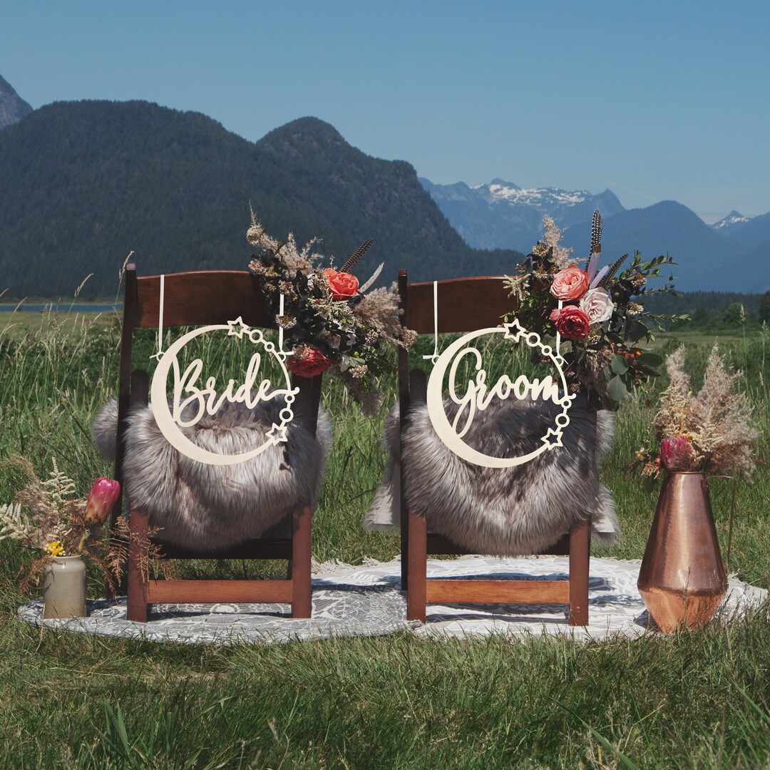 Celestial Bride and Groom Chair Sign, Wedding Chair Signs, Wood Sign ...