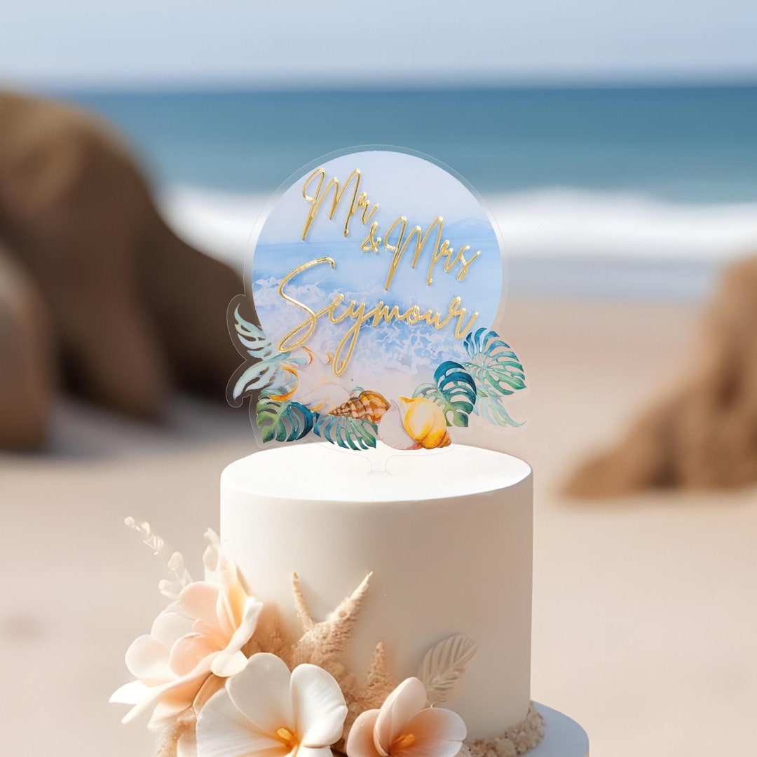 Tropical Beach Monstera Wedding Mr and Mrs Custom Cake Topper Hawaii ...