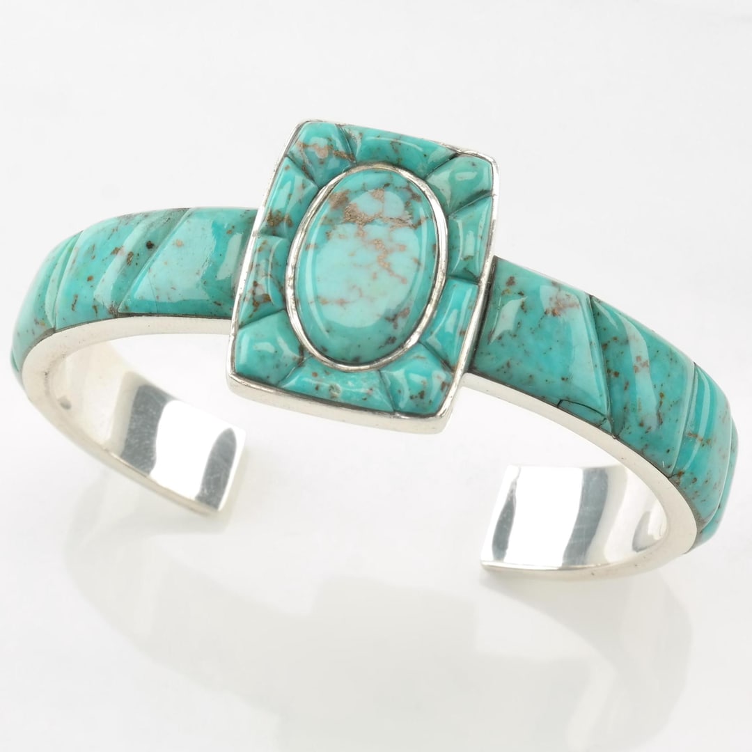 Southwest Turquoise Cobble Stone Inlay Cuff Bracelet Sterling Silver - Etsy