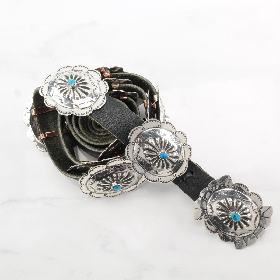 Vintage Native American Leather Belt With Turquoise Sterling Silver ...
