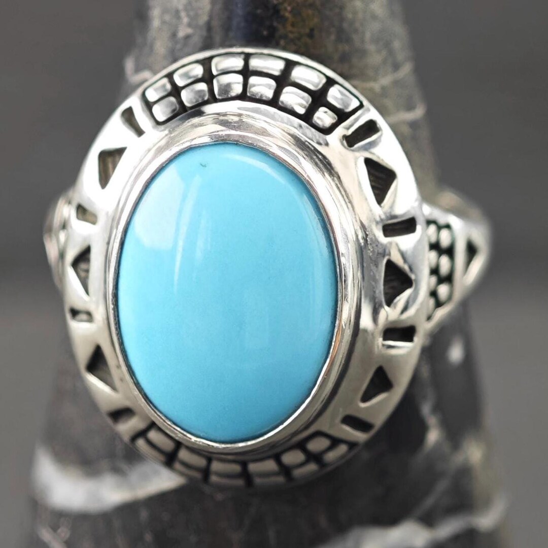 Oval Block Turquoise Ring Sterling Silver Sz 9 - Etsy