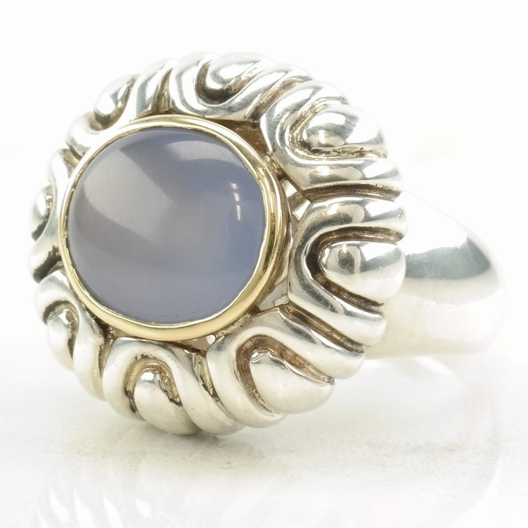 Vintage Samuel B Silver Ring Blue Chalcedony 18K Gold Sterling Size 6 ...