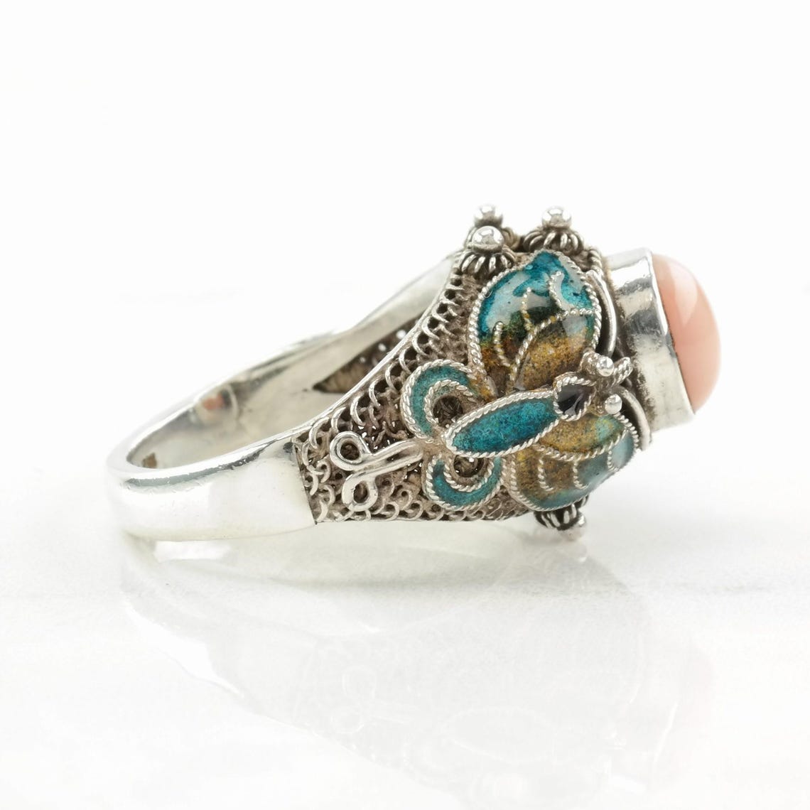 Vintage Chinese Export Ring Coral Enamel, Butterfly Sterling Silver ...
