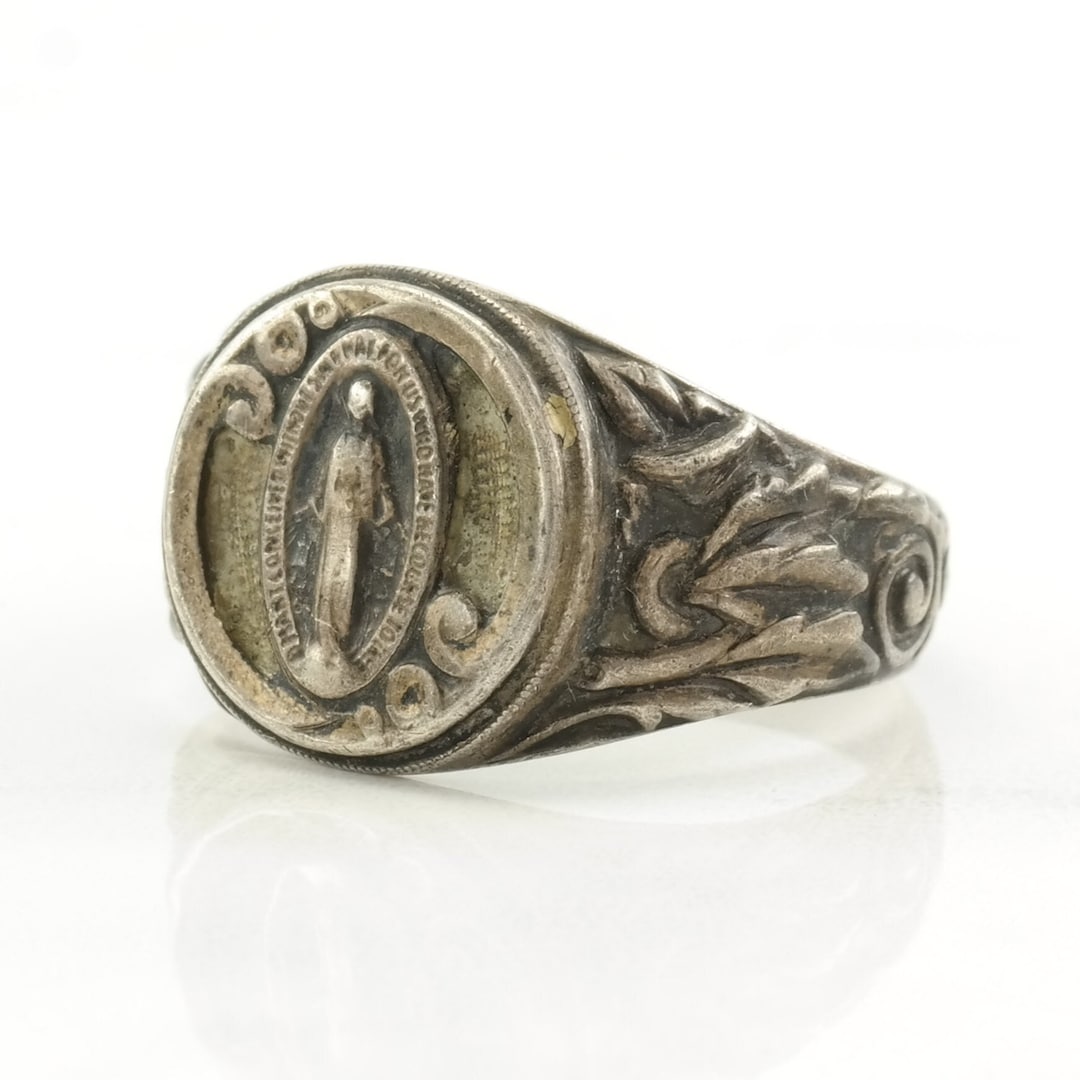 Vintage Early, Catholic Silver Ring Mary Signet, Floral, Repousse ...