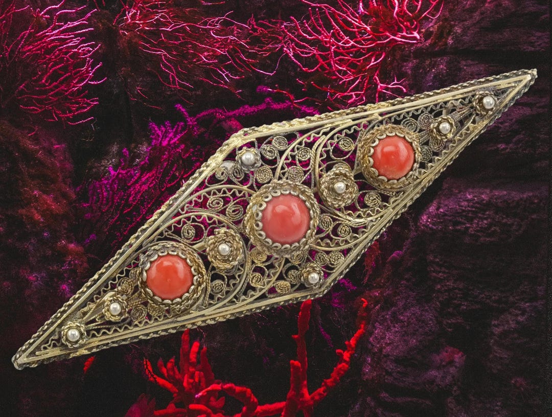 Italian Filigree Gold Tone Coral Sterling Silver Brooch - Etsy
