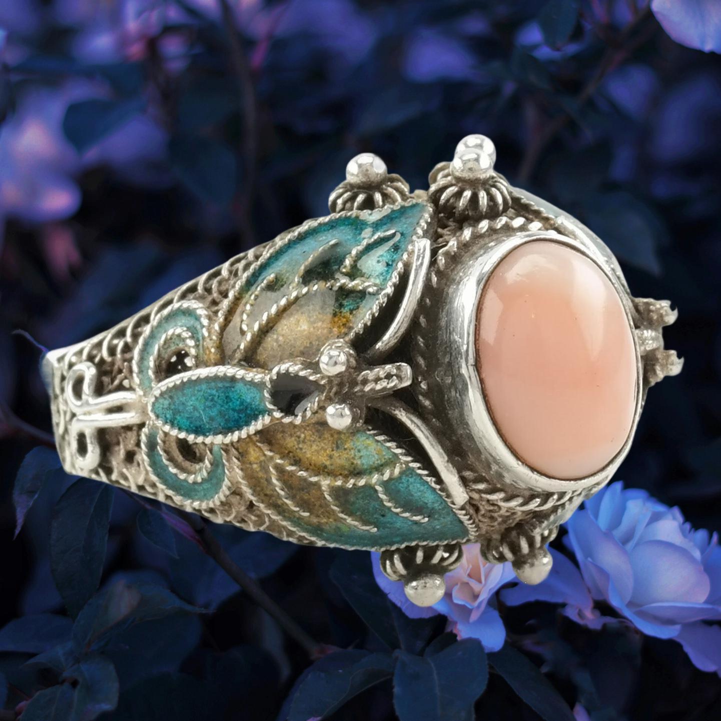 Vintage Chinese Export Ring Coral Enamel, Butterfly Sterling Silver ...