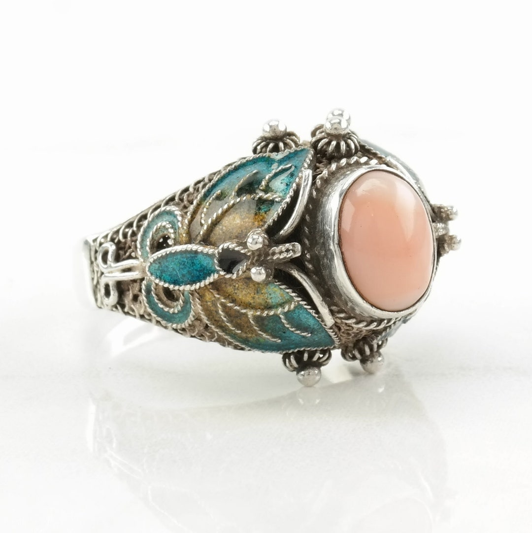 Vintage Chinese Export Ring Coral Enamel, Butterfly Sterling Silver ...