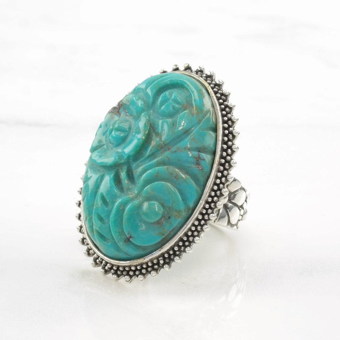 Vintage AKR Ring Turquoise Carved, Floral Sterling Silver Size 6 - Etsy