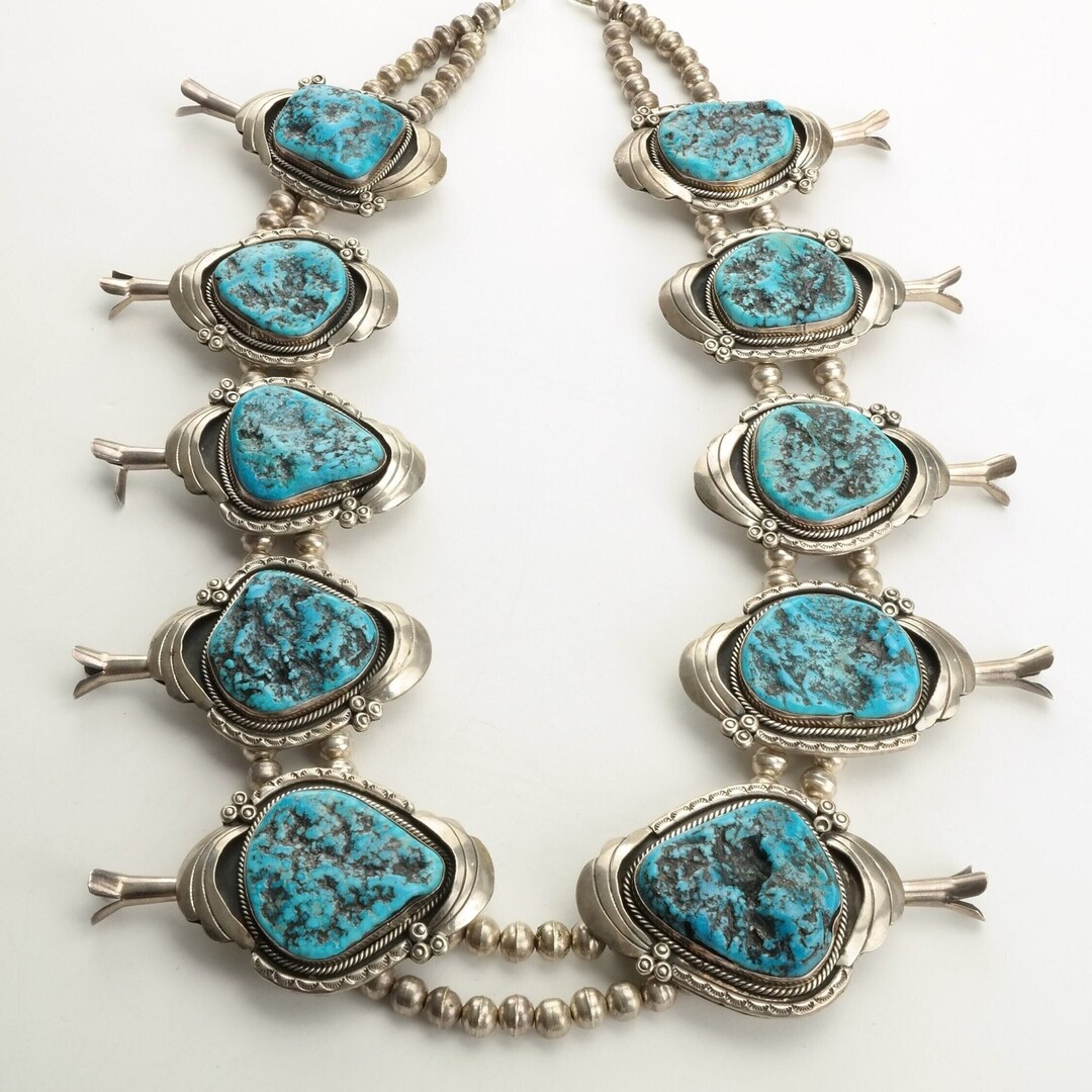 Large Kingman Turquoise Squash Blossom Necklace Native American ...