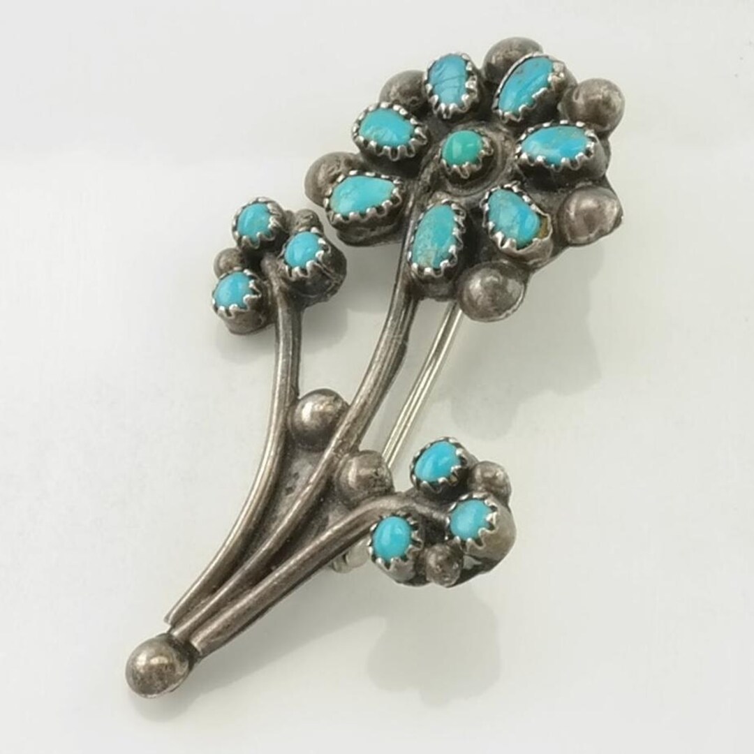 Vintage Zuni Brooch Sterling Silver Flower Blue Turquoise Petite Point ...