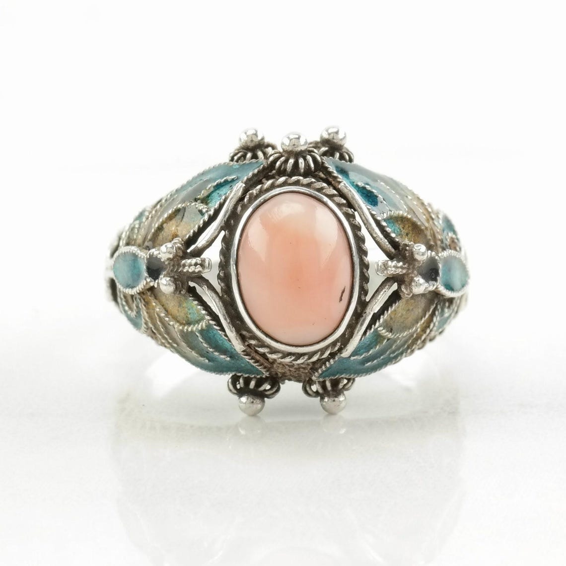 Vintage Chinese Export Ring Coral Enamel, Butterfly Sterling Silver ...