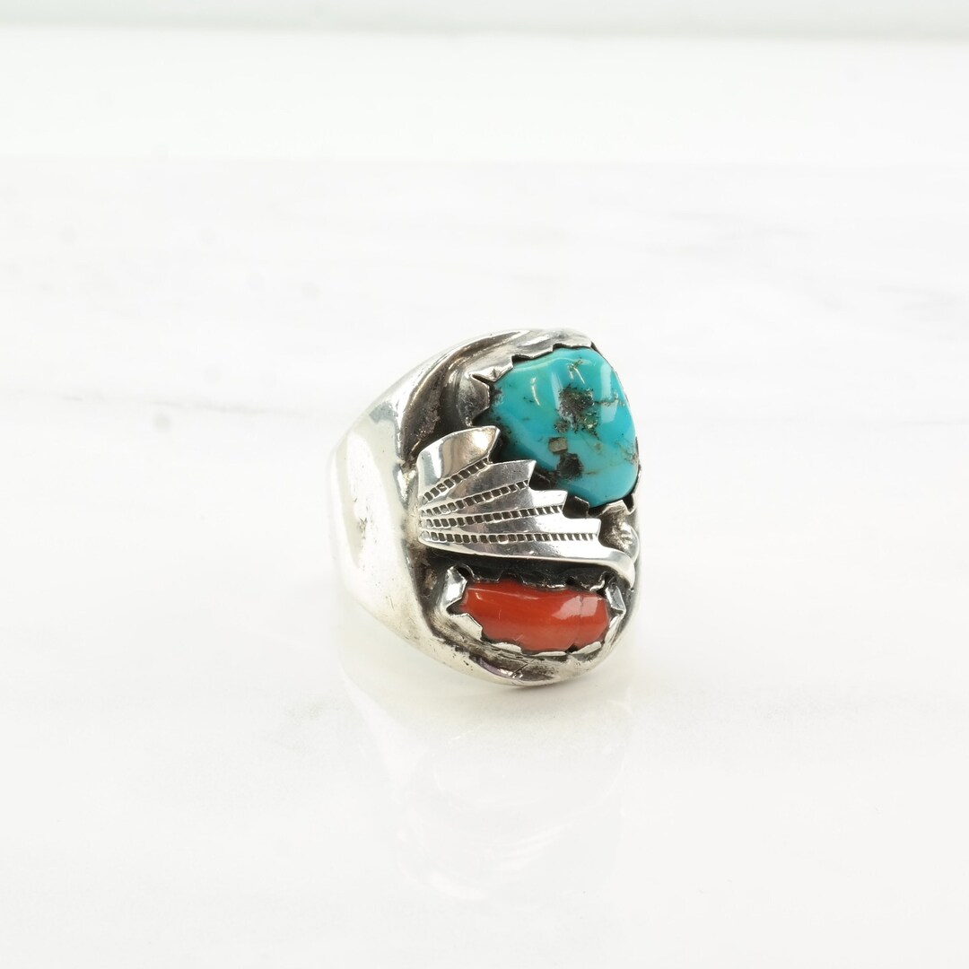 Vintage Native American Silver Ring Turquoise Coral Feather Sterling ...