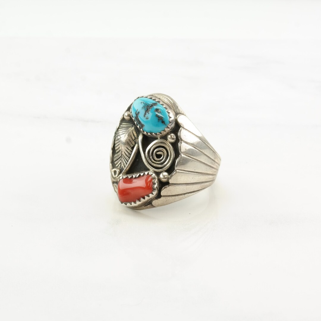 Vintage Native American Silver Ring Turquoise Coral Leaf Swirl Sterling ...