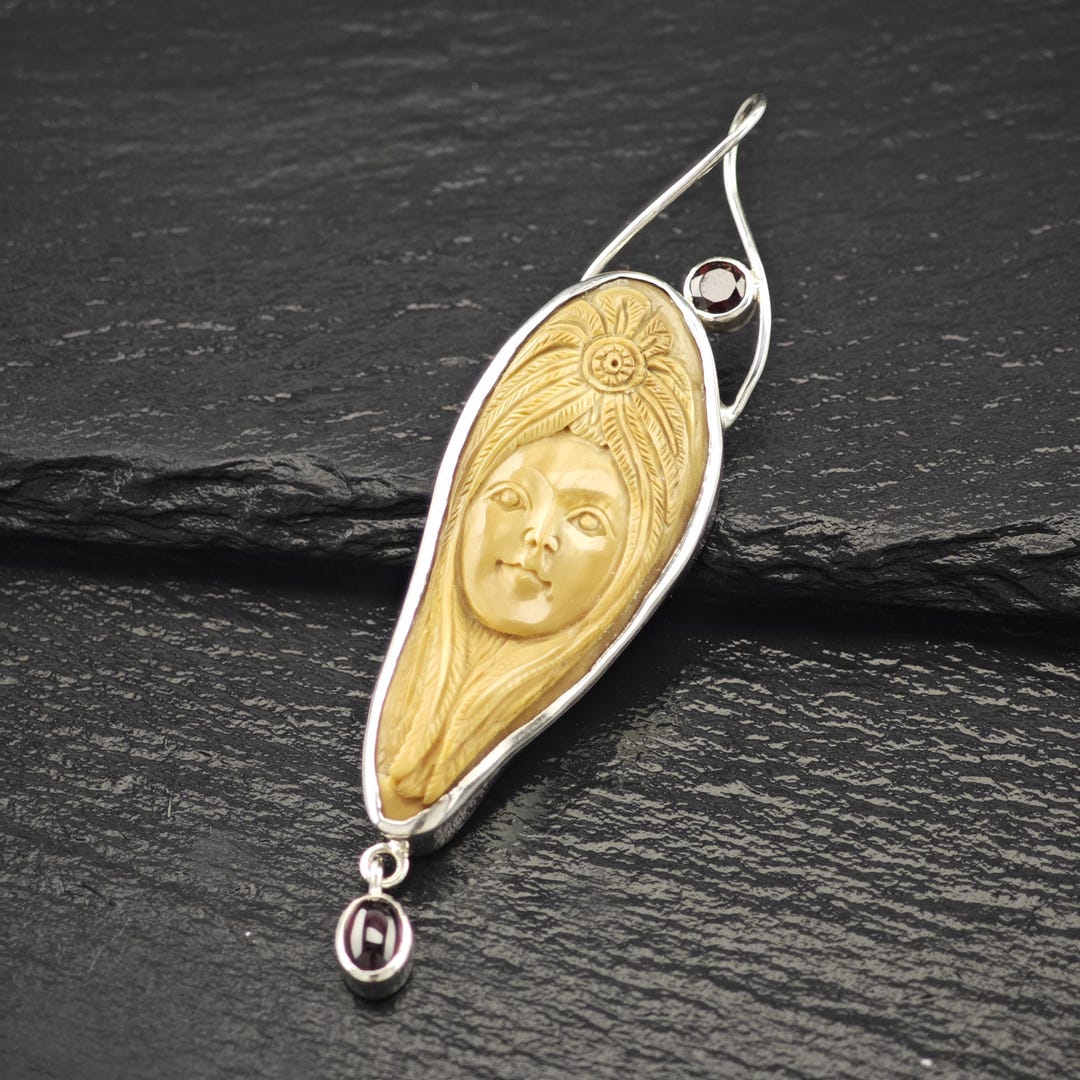 Carved Goddess Face, Garnet Pendant Sterling Silver - Etsy