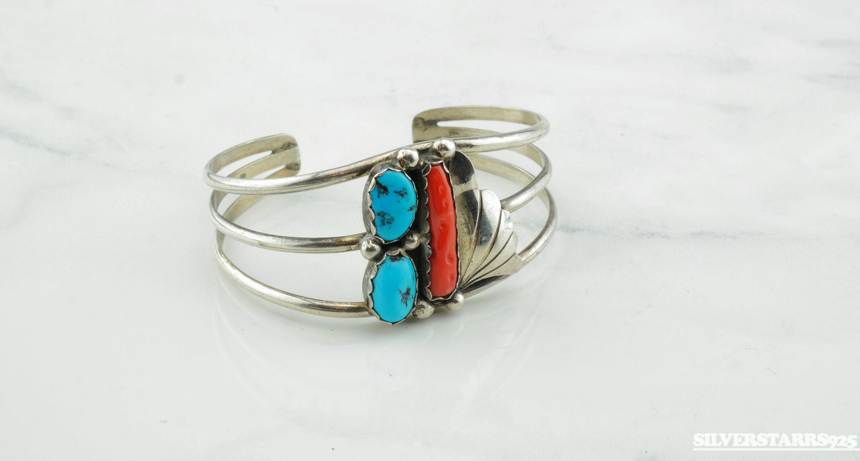Native American Silver Cuff Bracelet Sterling Turquoise Coral | Etsy