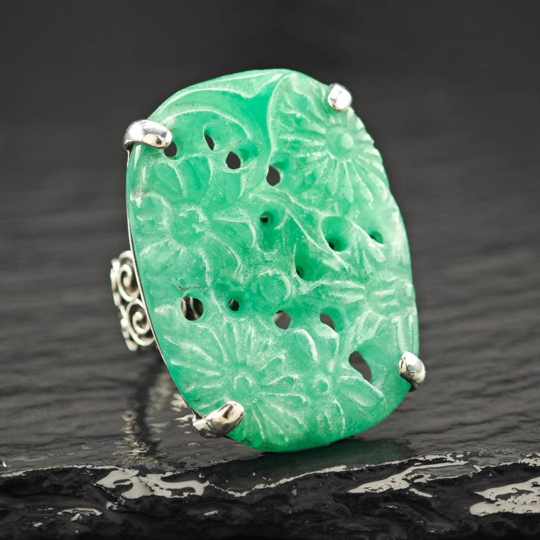AKR Carved Quartzite Jade Ring Sterling Silver Floral Motif Size 8 - Etsy