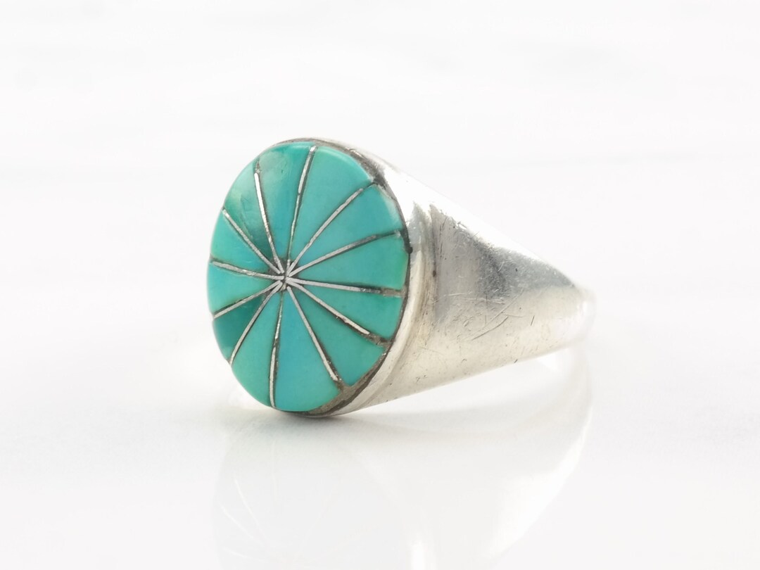 Vintage Native American Turquoise Inlay Ring Sterling Silver Size 9 1/2 ...