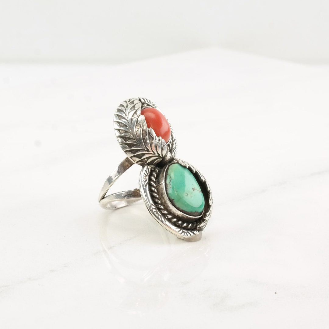 Vintage Native American Silver Ring Turquoise Coral Leaf Double ...
