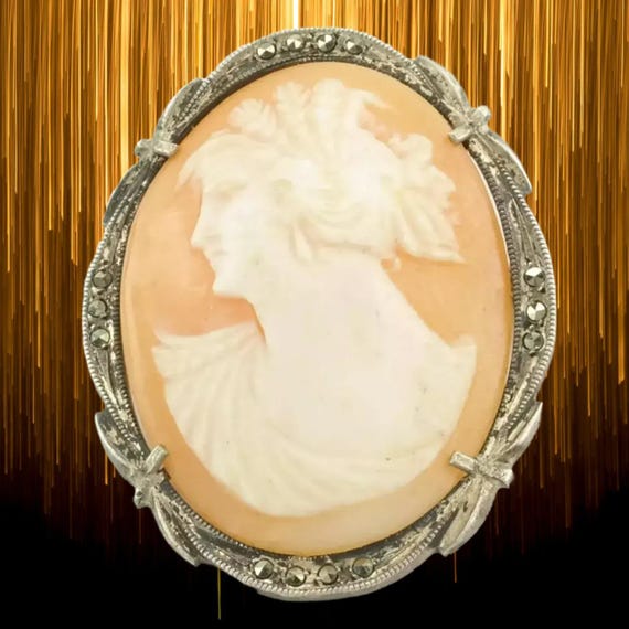 Vintage Cameo Female, Portrait, Marcasite Sterling Si… - Gem
