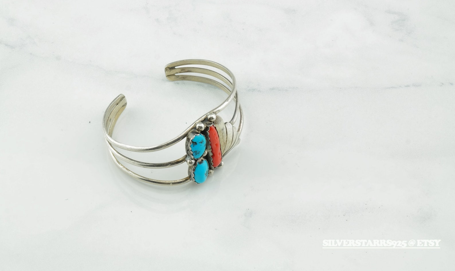 Native American Silver Cuff Bracelet Sterling Turquoise Coral | Etsy
