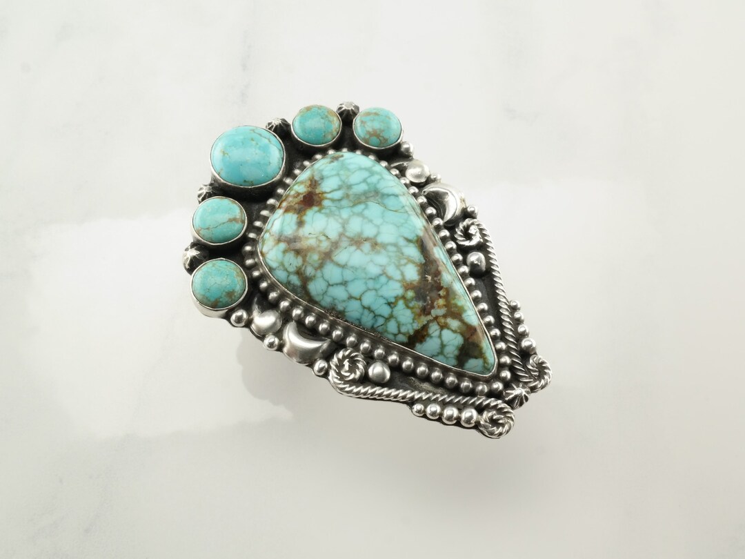 Vintage Southwest Large Ring 8 Turquoise Scroll Sterling Silver Size 9 ...