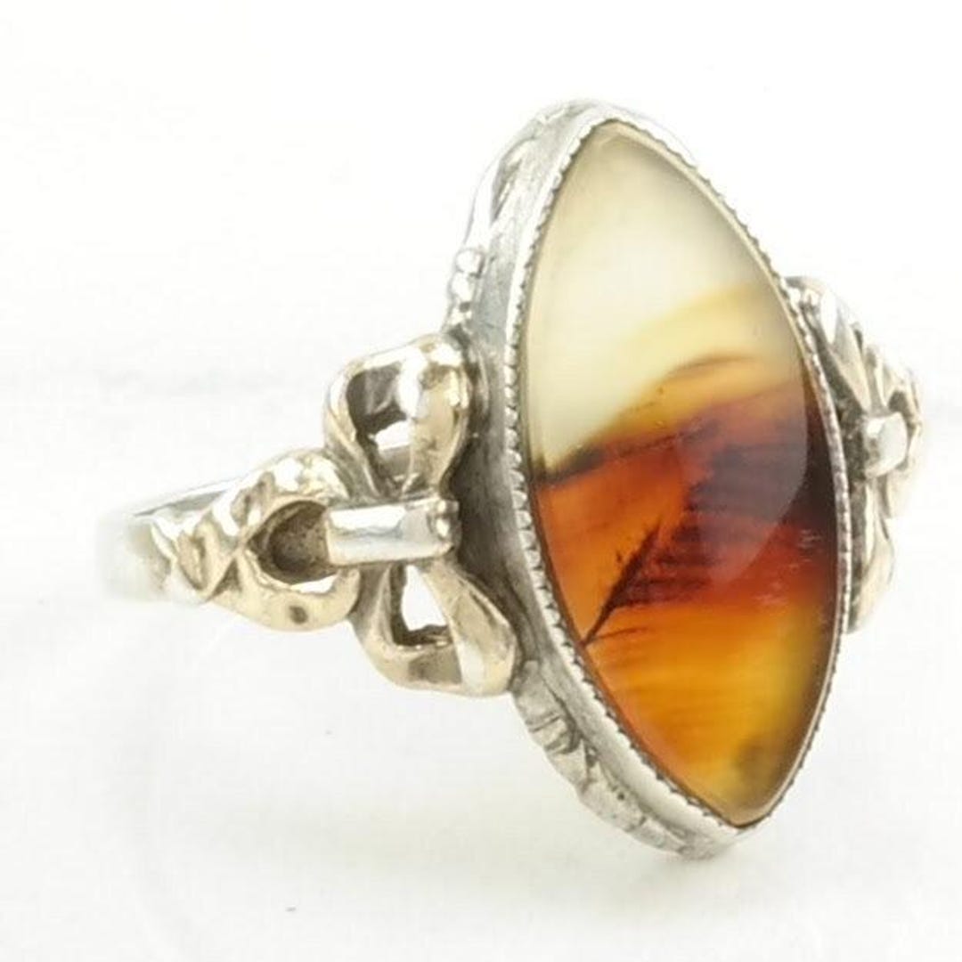 Vintage Art Deco Silver Ring Dendric Agate 10K Gold Accents Sterling ...