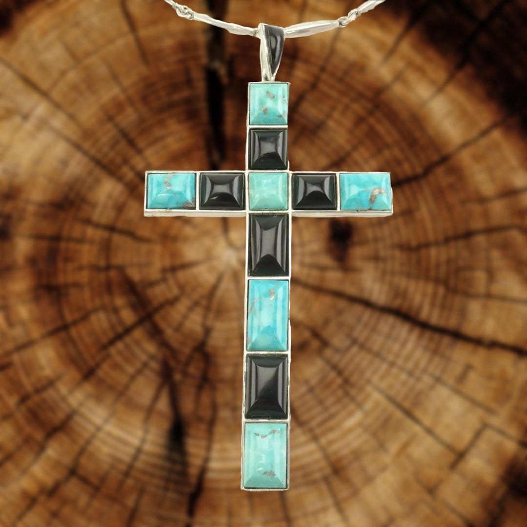 XL Sw Turquoise Jet Cross Necklace Sterling Silver - Etsy