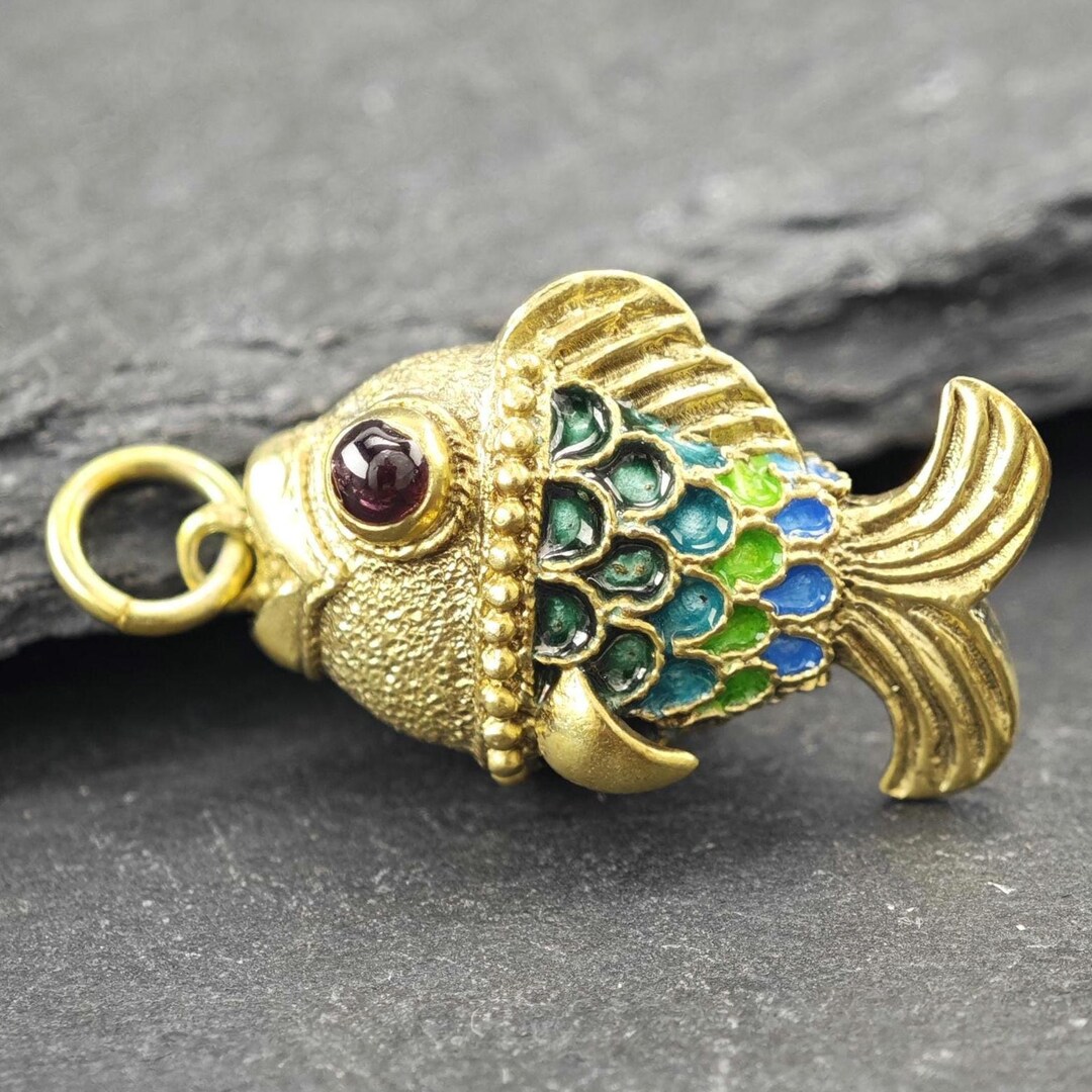 Vintage Enamel Garnet Fish Sterling Silver Pendant - Etsy