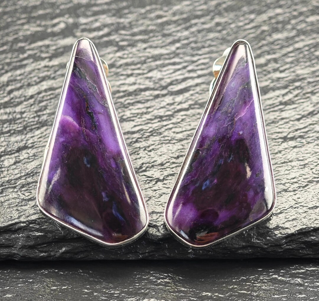 Purple Sugilite Sterling Silver Clip On Earrings Unique Abstract