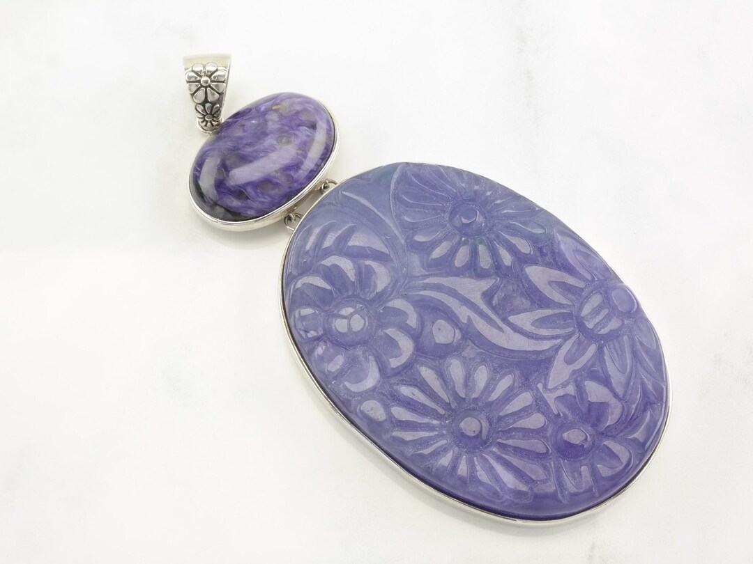 Vintage AKR Jadeite Charoite Carved Flower Sterling Silver Pendant - Etsy