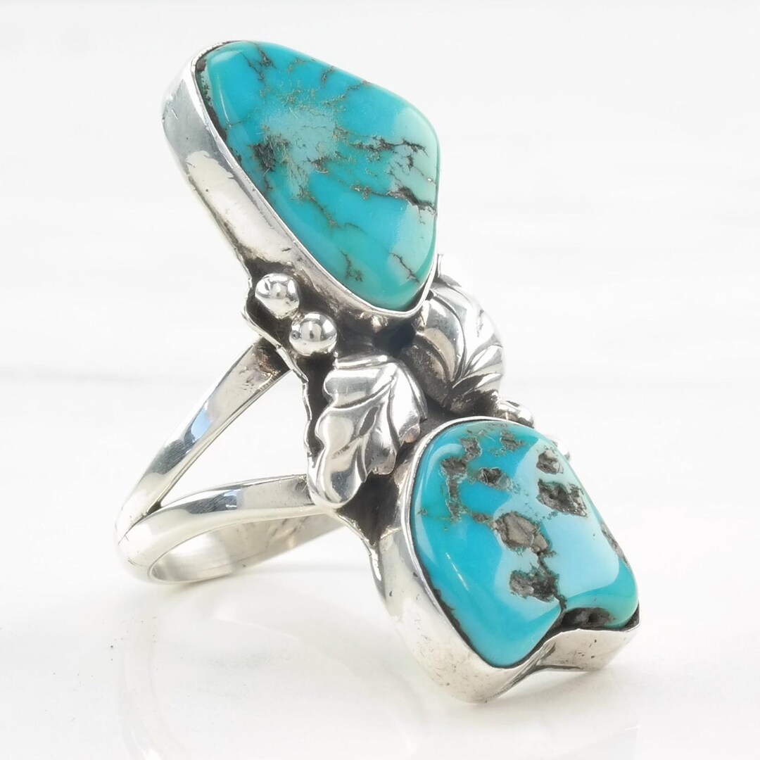 Vintage Native American Ring Two Stone Turquoise, Feather, Leaf ...