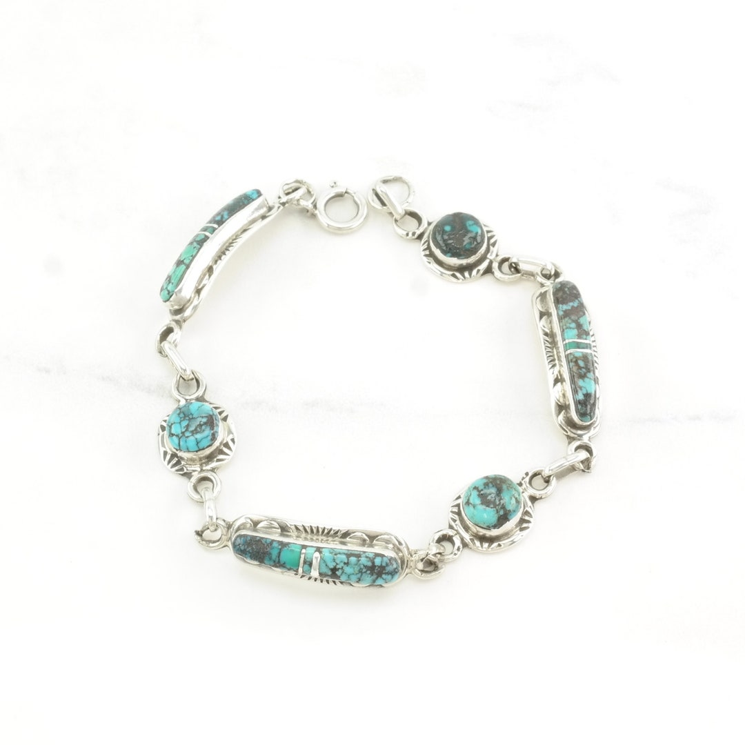 Vintage Zuni Sterling Silver Link Bracelet Blue Turquoise Inlay ...