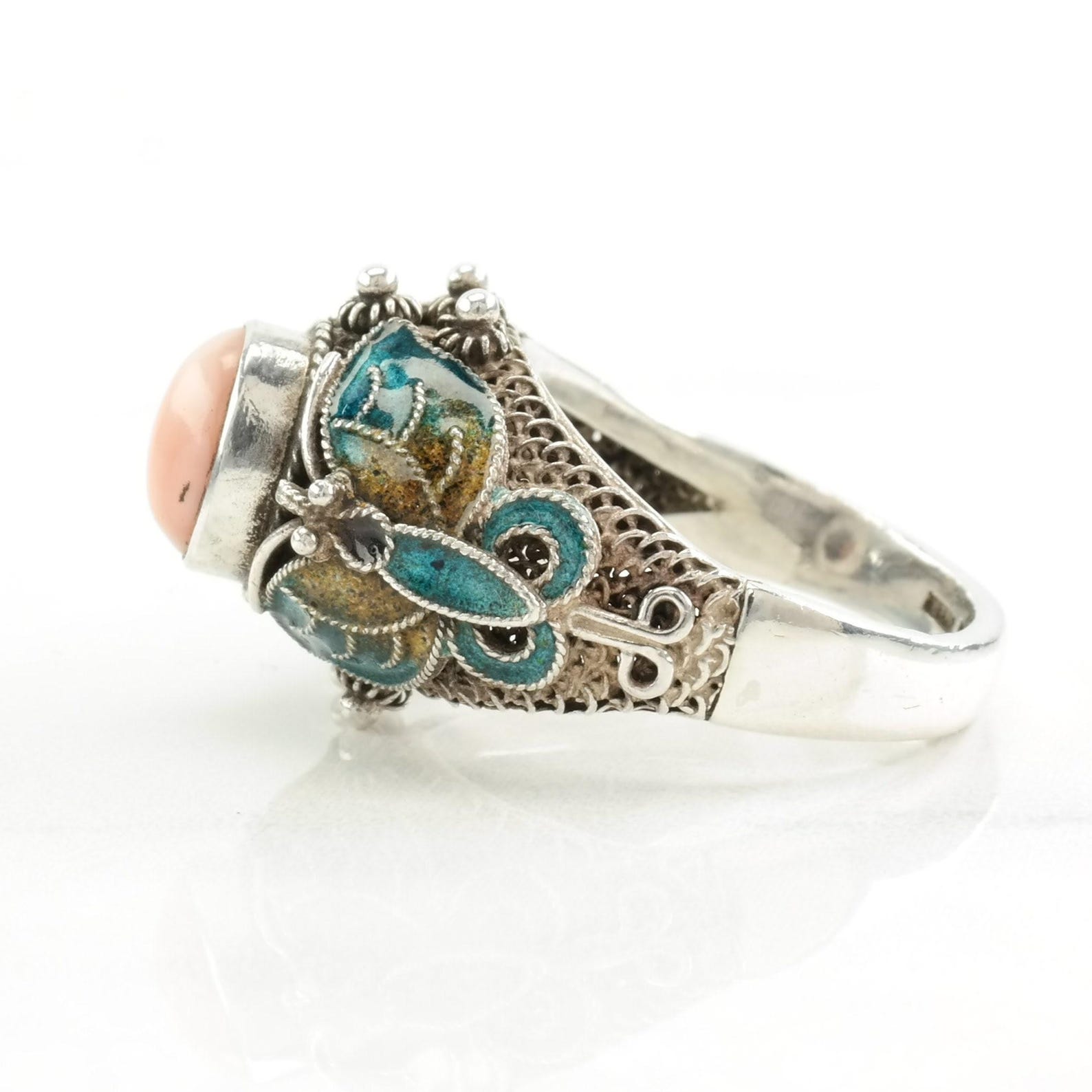 Vintage Chinese Export Ring Coral Enamel, Butterfly Sterling Silver ...