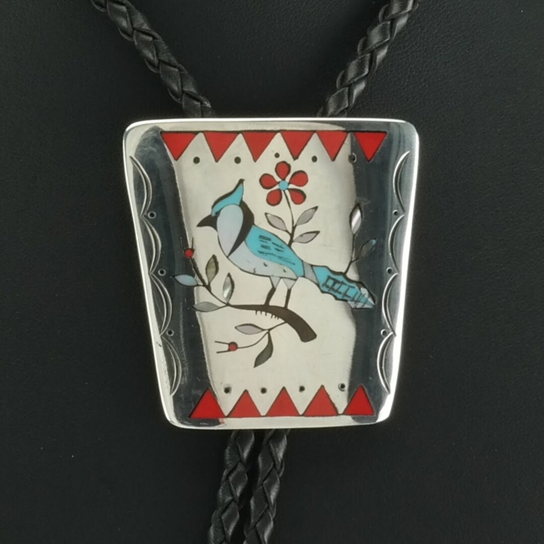 Vintage Bolo Tie Native American Sterling Silver Blue, Red Blue Jay ...