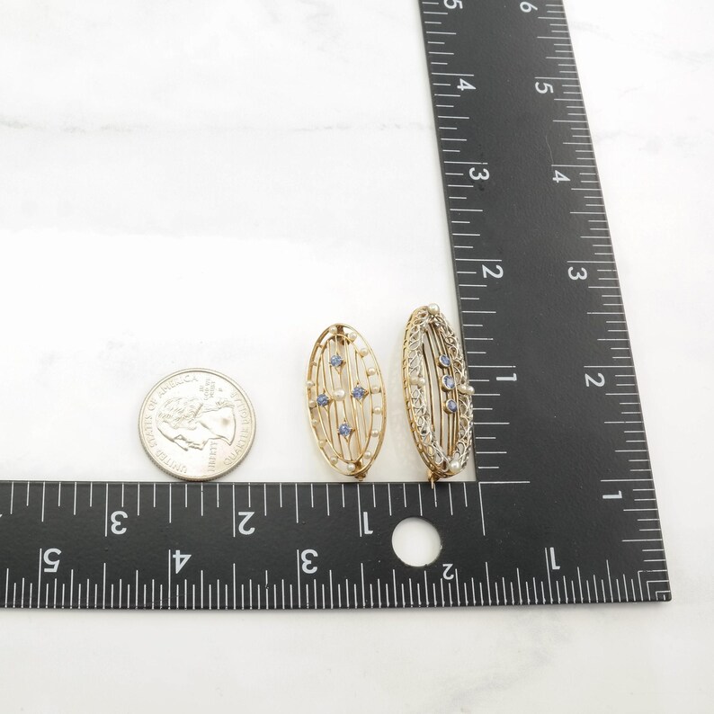 Art Deco Yogo Sapphire 14k Yellow Gold Brooch Seed Pearl Platinum Top ...