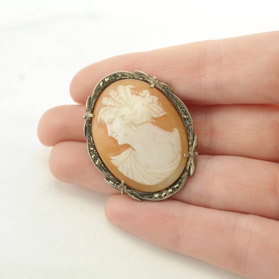 Vintage Cameo Female, Portrait, Marcasite Sterling Si… - Gem