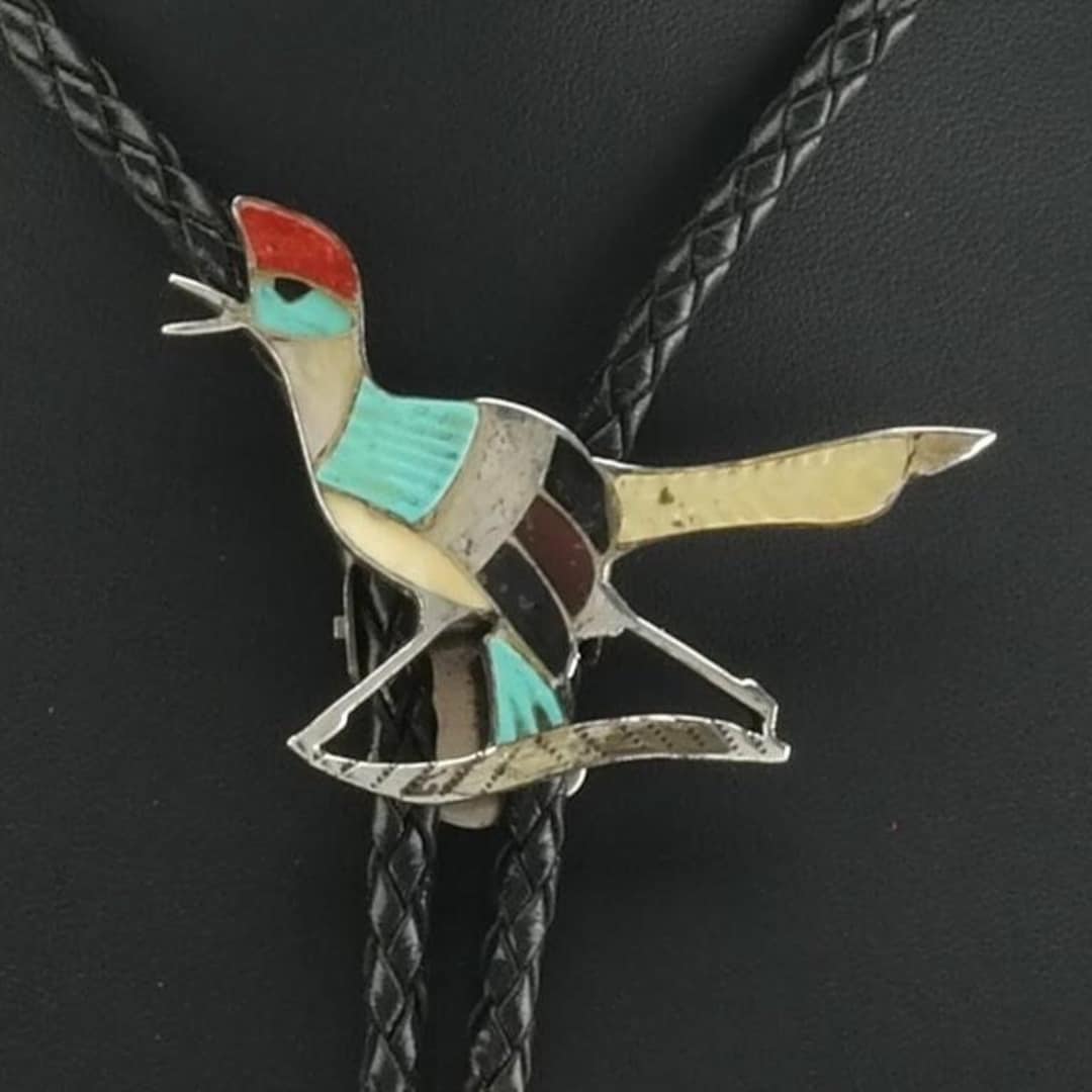 Vintage Zuni Inlay Bolo Tie Roadrunner Native American Sterling Silver ...