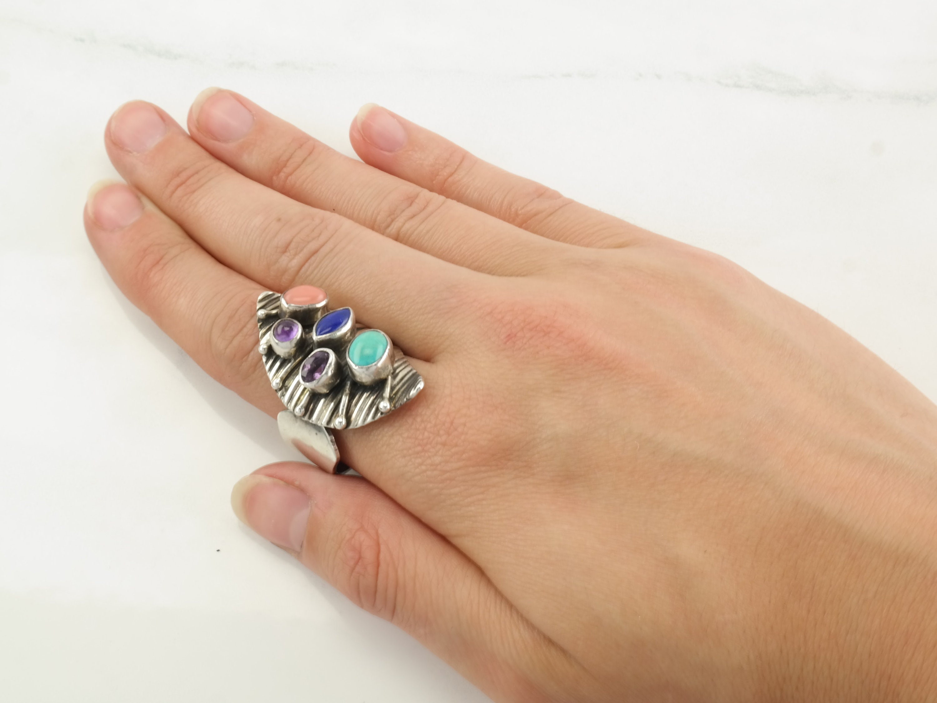 Vintage NAKAI Silver Ring Multi Gem, Amethyst, Turquoise Fan Vintage NAKAI Silver Ring Multi Gem, Amethyst, Turquoise Fan