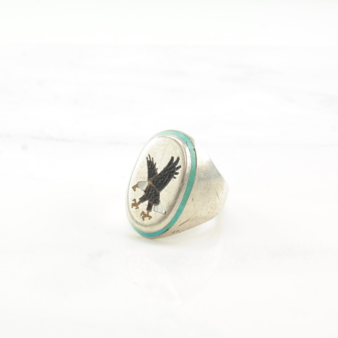 Vintage Native American Silver Ring Turquoise Eagle Inlay Sterling Size ...