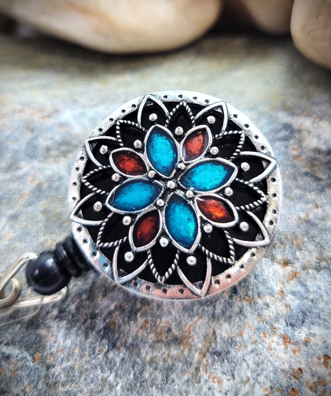Enameled Turquoise & Red Flower Retractable Badge Reel – Silver - Etsy