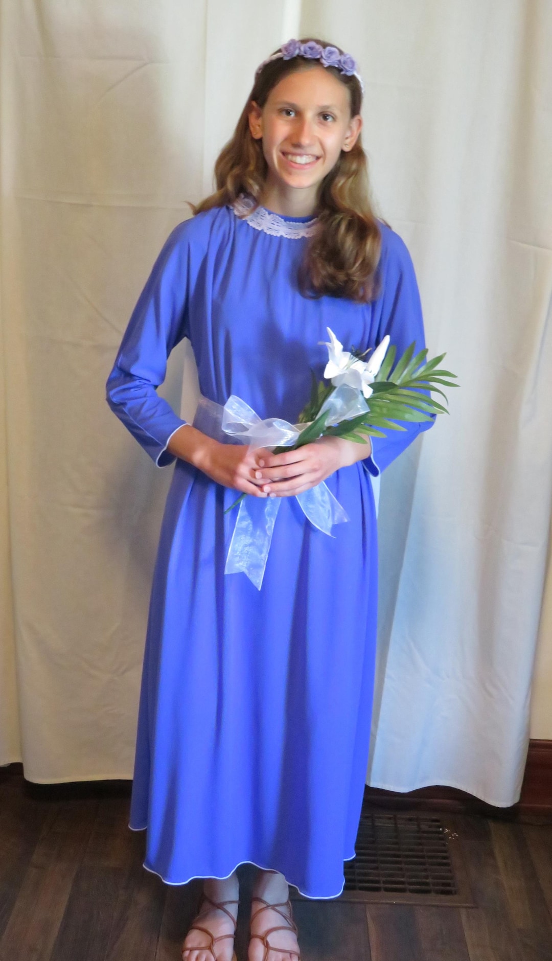 St. Maria Goretti Costume: Periwinkle Gown, Cape, Lily, Palm & Rose ...