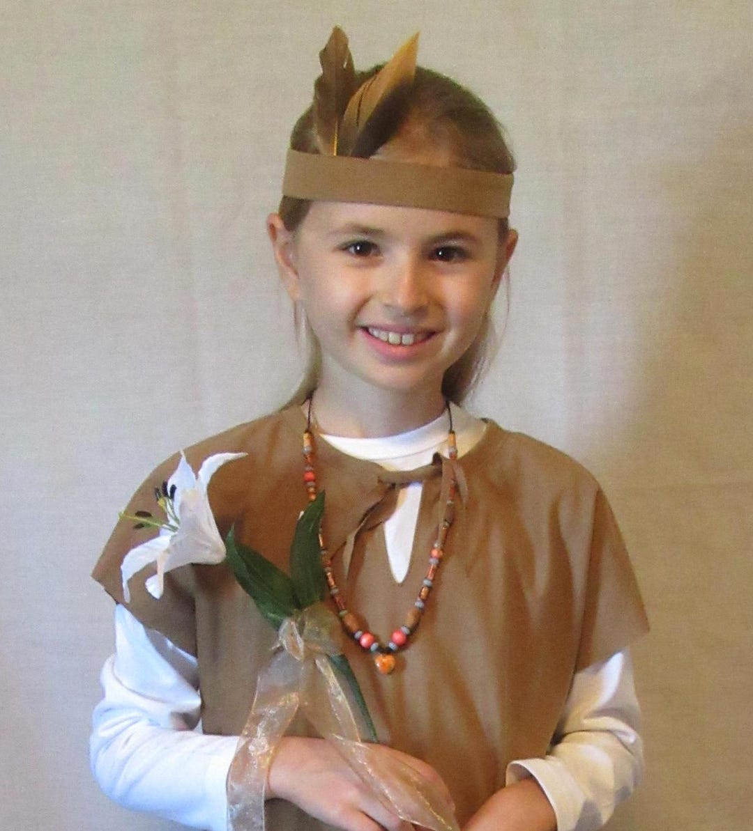 St. Kateri Tekawitha Costume: Fringed Tunic, Beaded Necklace & Feather ...