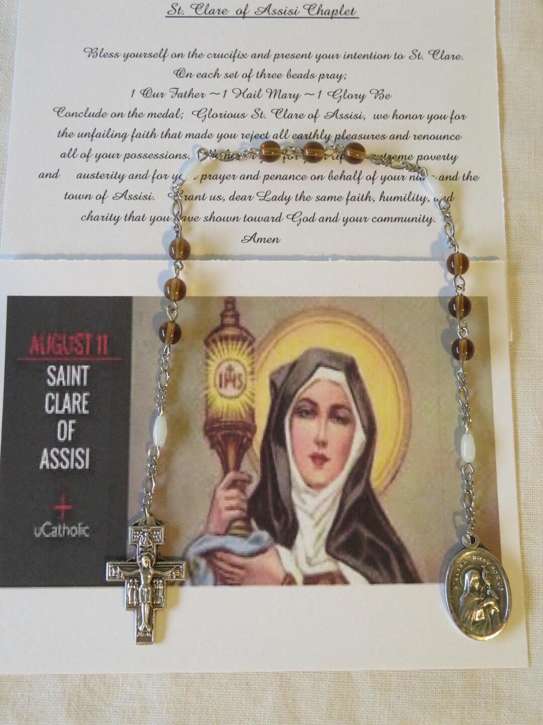 St. Clare of Assisi Chaplet With Czech Glass Brown Color Crystal Round ...