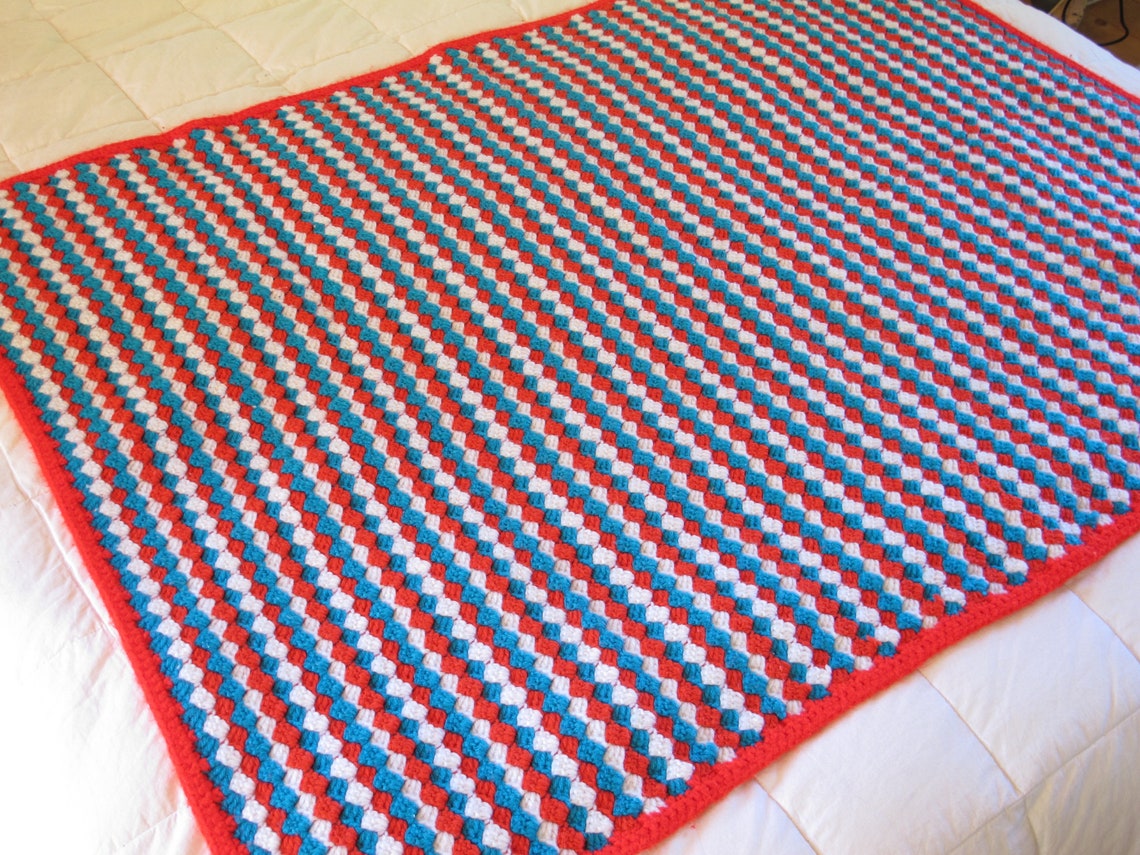 Colorful Crochet Throw Blue Red White Bright Boho Crochet | Etsy