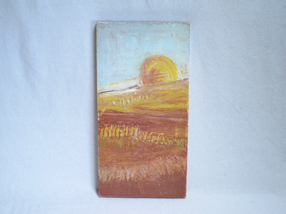 Modernist Abstract Sunrise Oil Painting Vintage Naive Art Sun Landscape ...