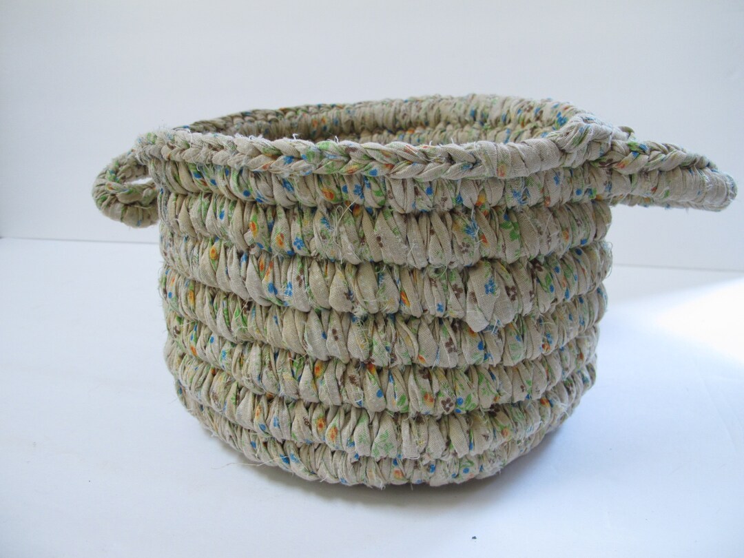 Vintage Woven Rag Basket Boho Planter Medium Size Fabric Basket Coiled ...