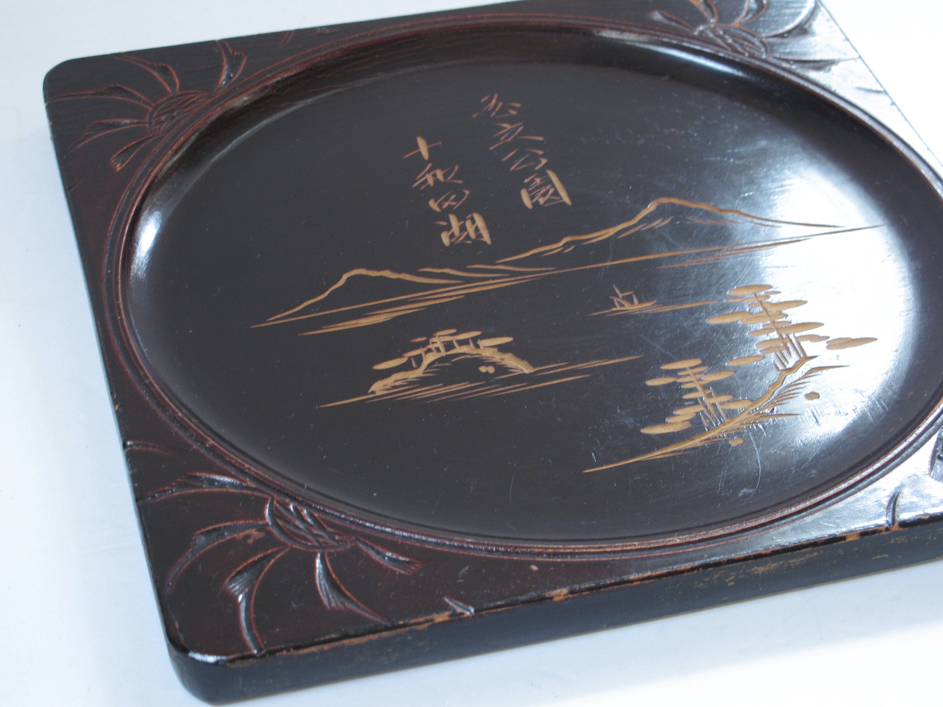 Antique Japanese Carving Japan Wooden Tray Block Print Hand Carved ...